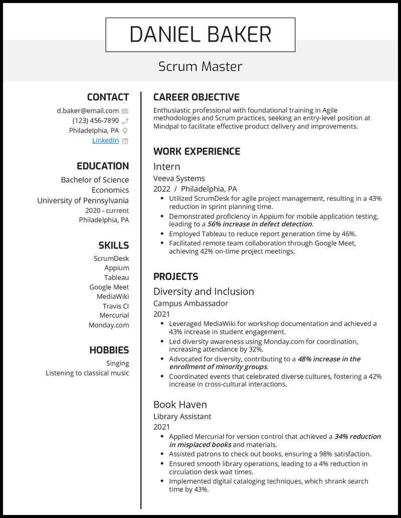 5 Entry-Level Scrum Master Resume Templates & Examples for 2025