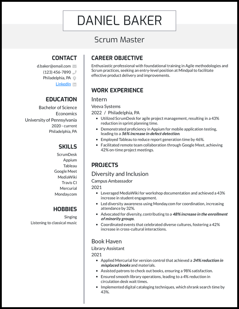 5 Entry-Level Scrum Master Resume Templates & Examples for 2025