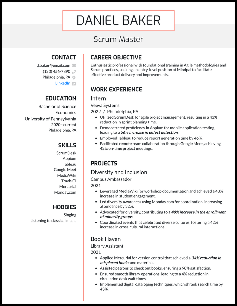 5 Entry-Level Scrum Master Resume Templates & Examples for 2026