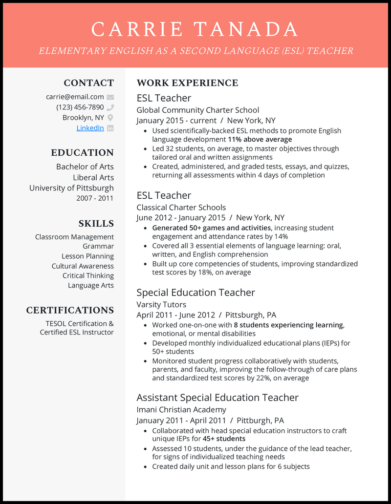 3 ESL Teacher Resume Examples BuiltFor The Job in 2024