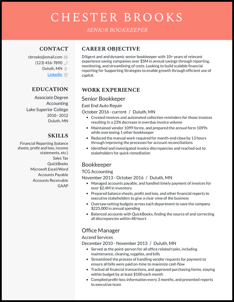11 Bookkeeper Resume Samples That Worked in 2024