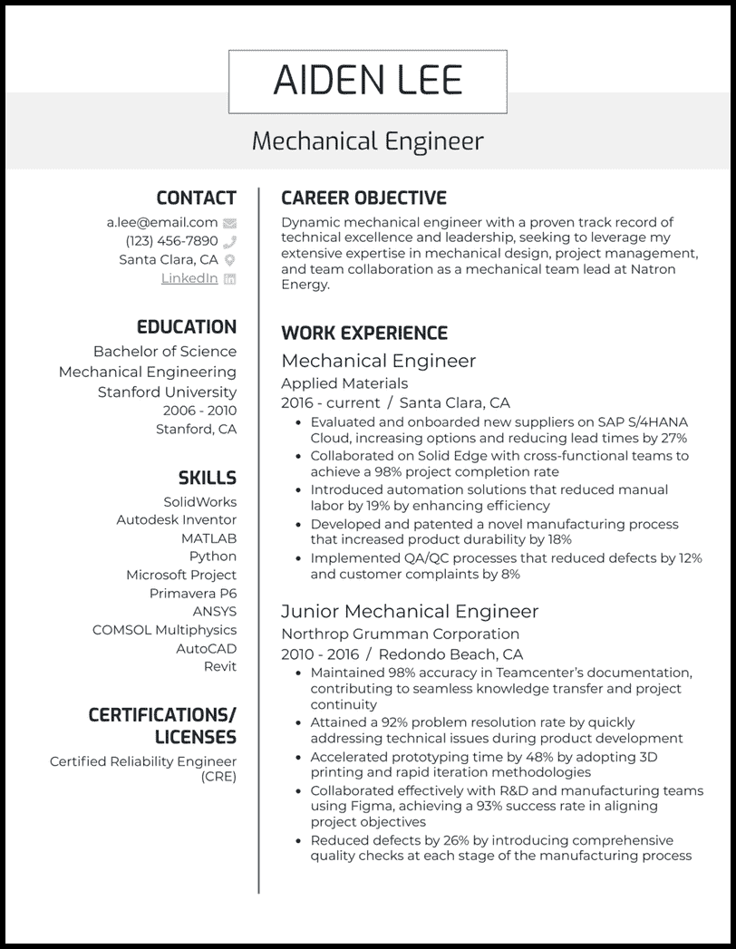 11 Mechanical Engineer Resume Examples Built for 2024