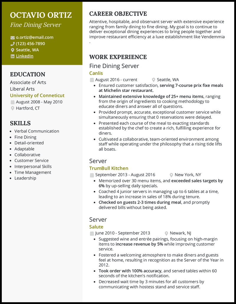 7 Fine Dining Server Resume Examples for 2025