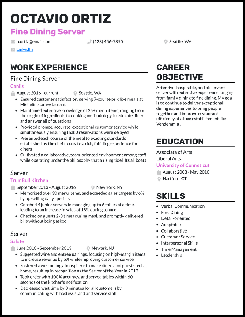 21 Server Resume Examples for 2025