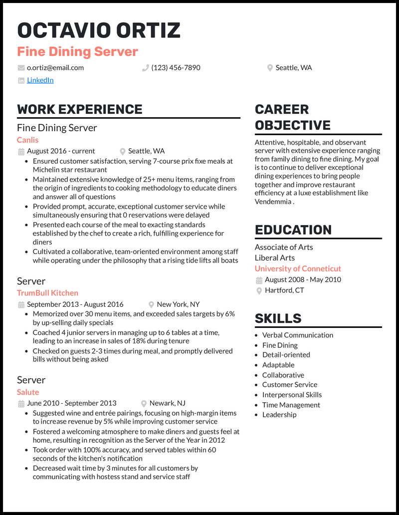 21 Server Resume Examples for 2025