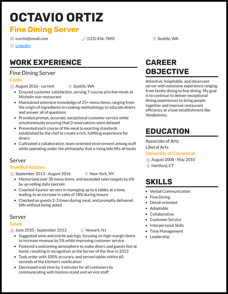 21 Server Resume Examples for 2025
