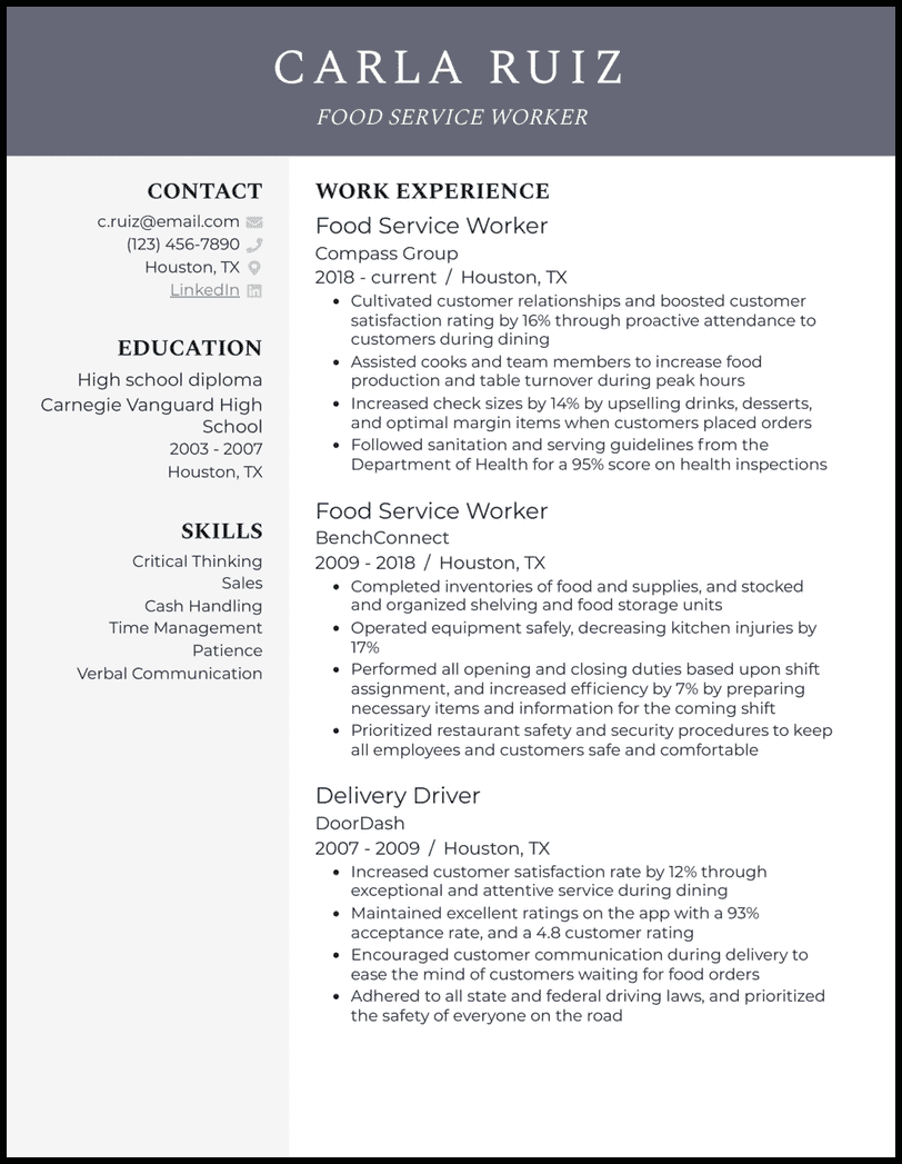 7 Food Service Worker Resume Examples for 2024