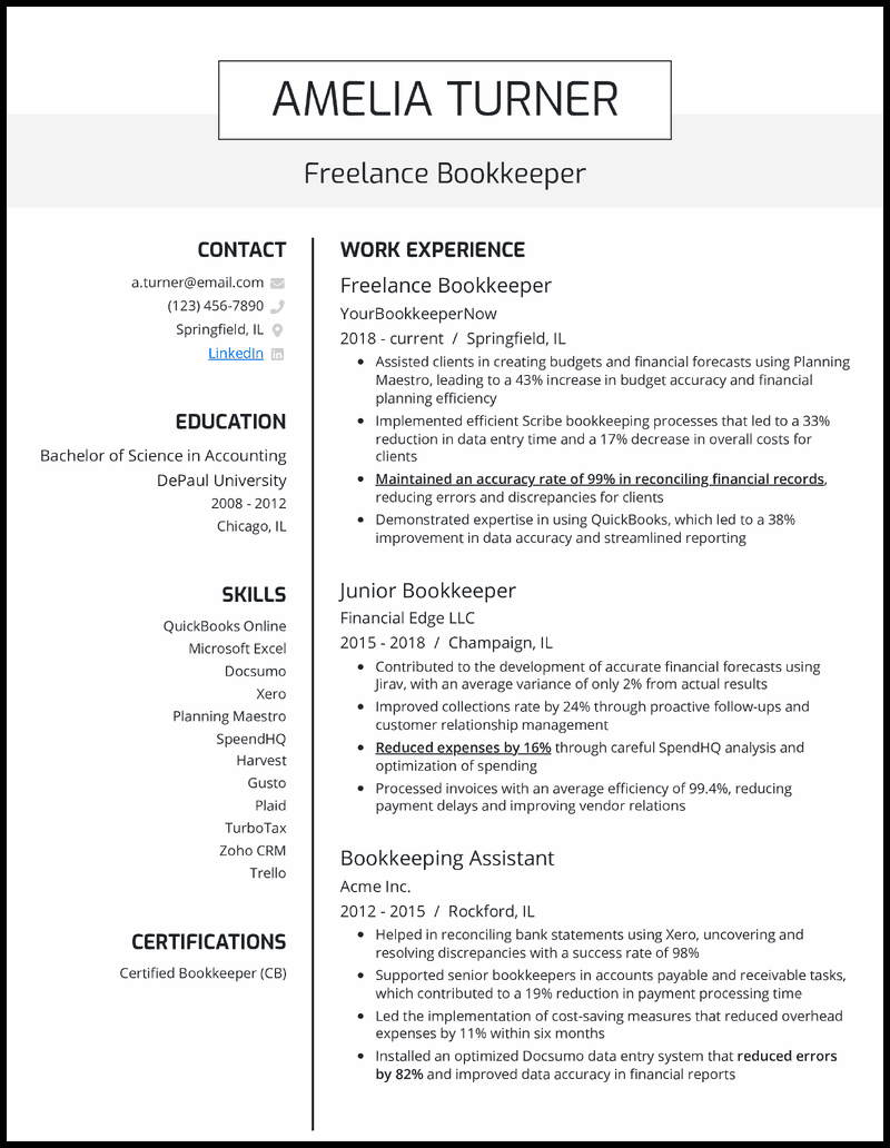 11 Bookkeeper Resume Examples [& Templates]