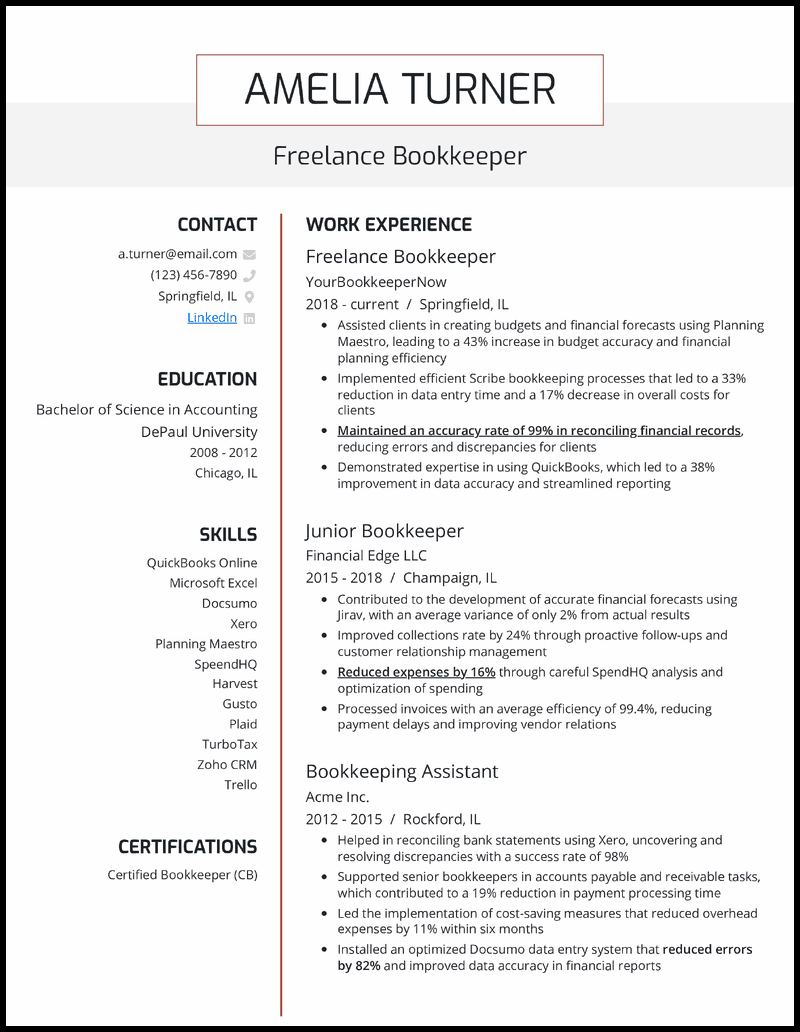 11 Bookkeeper Resume Examples [& Templates]