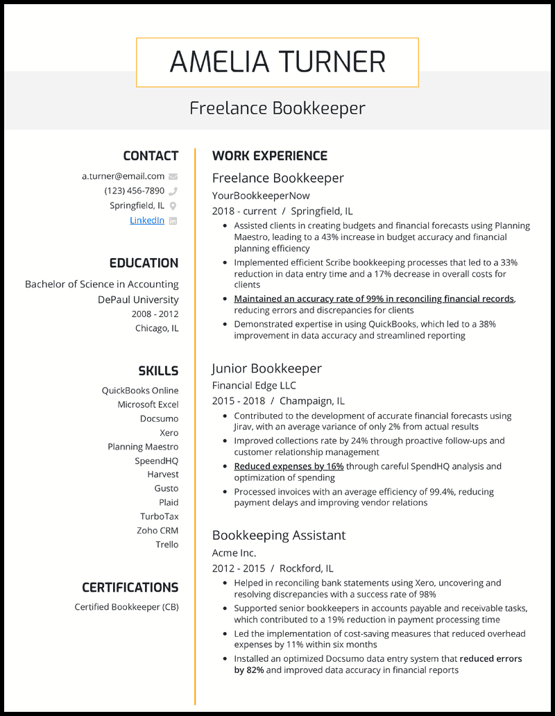 11 Bookkeeper Resume Examples [& Templates]