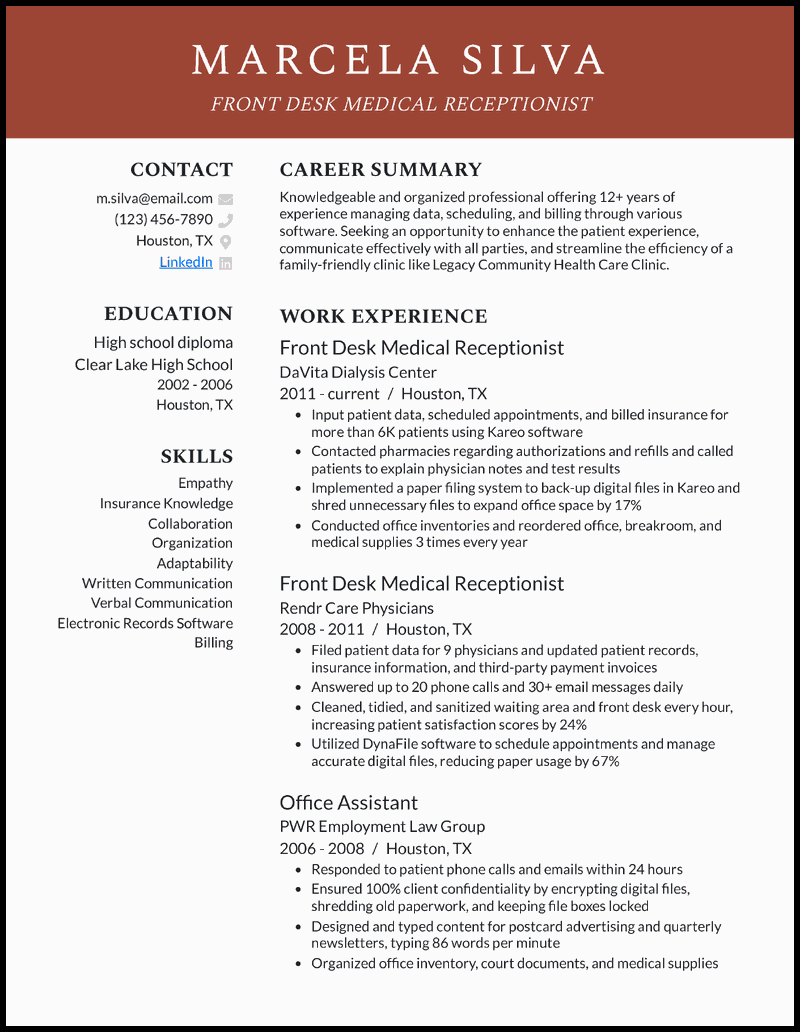 7 Medical Receptionist Resume Examples [& Templates]