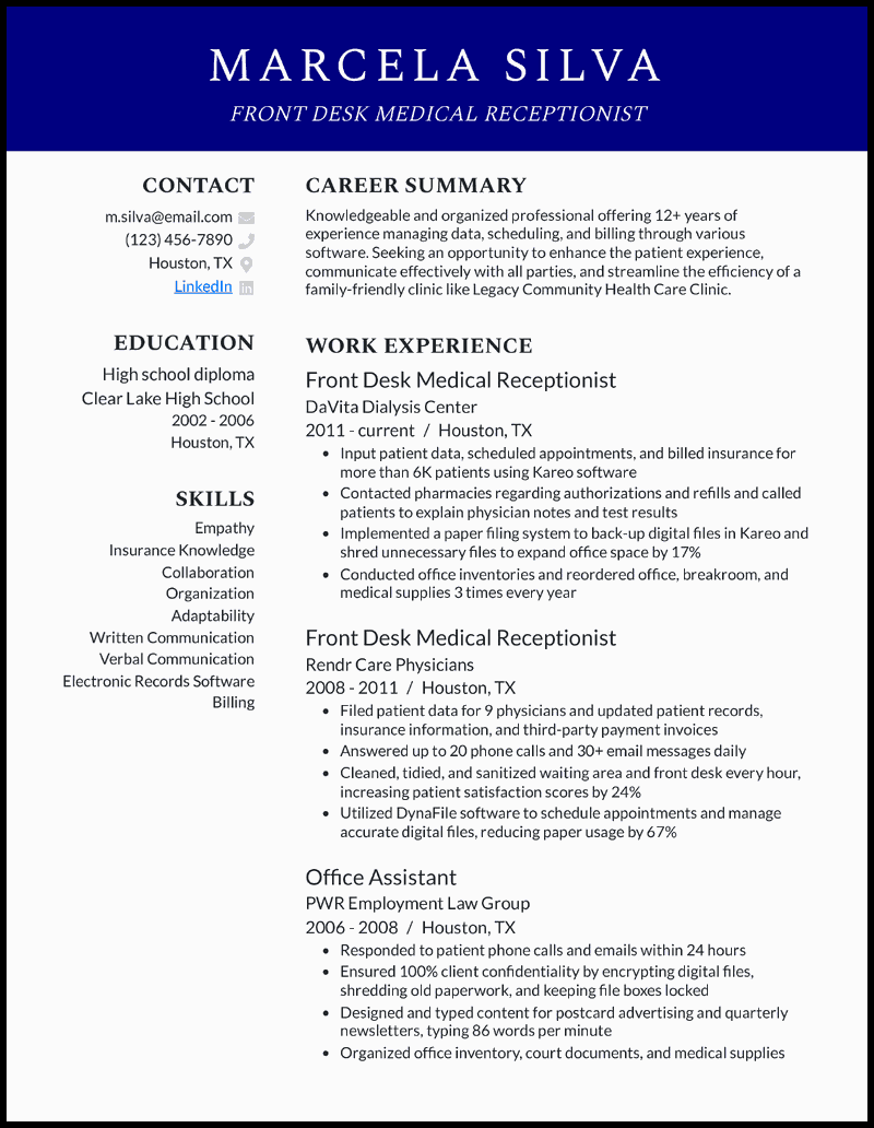 7 Medical Receptionist Resume Examples [& Templates]