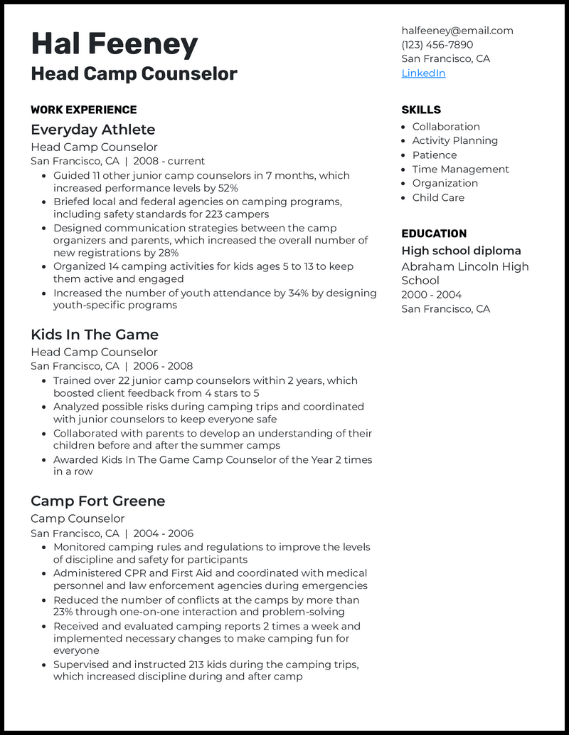 9 Camp Counselor Resume Examples, Templates, & Tips