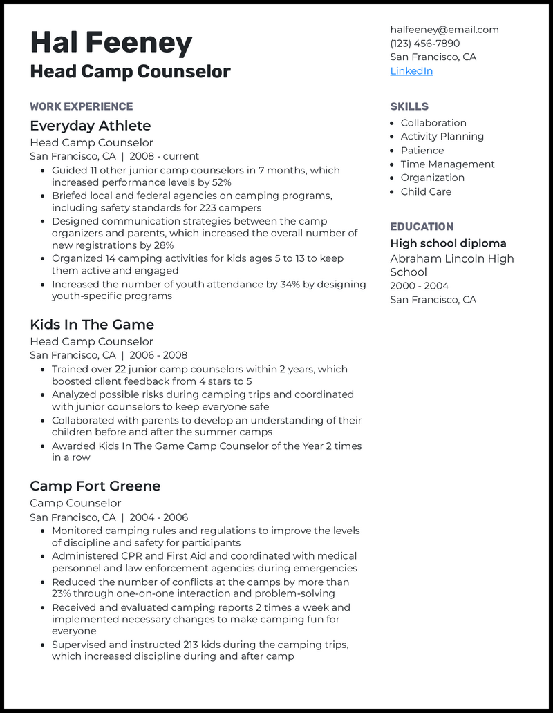9 Camp Counselor Resume Examples, Templates, & Tips