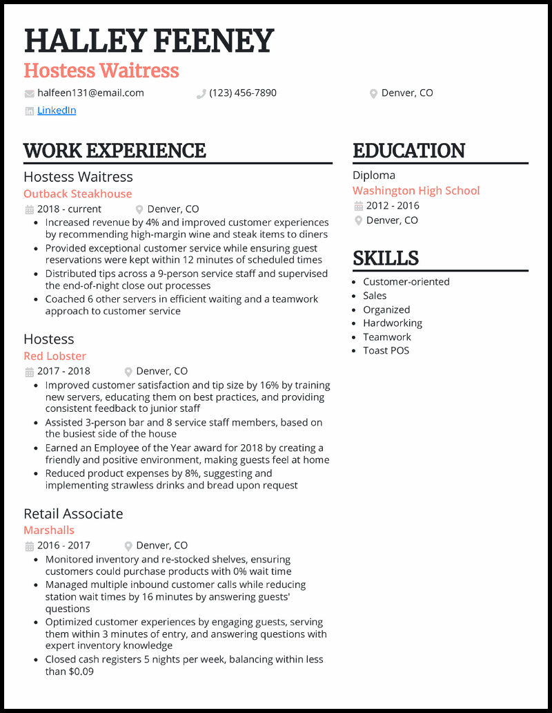 15 Waitress Resume Examples [& Templates]