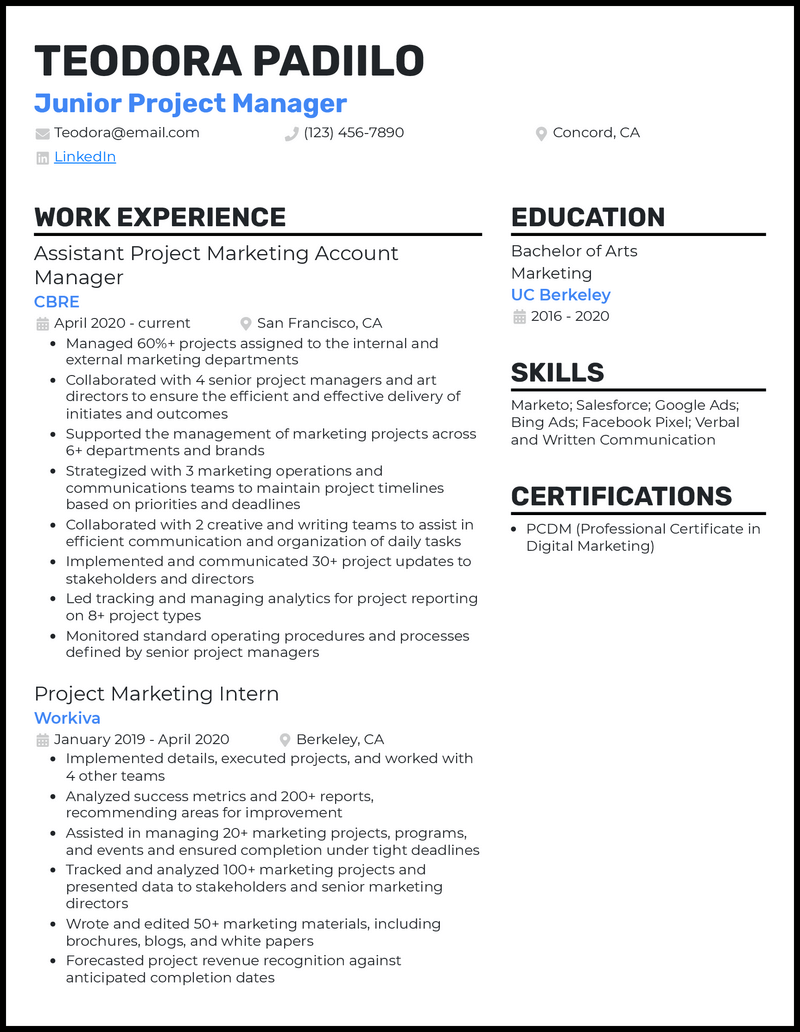 3 Junior Project Manager Resume Examples Best For 2024