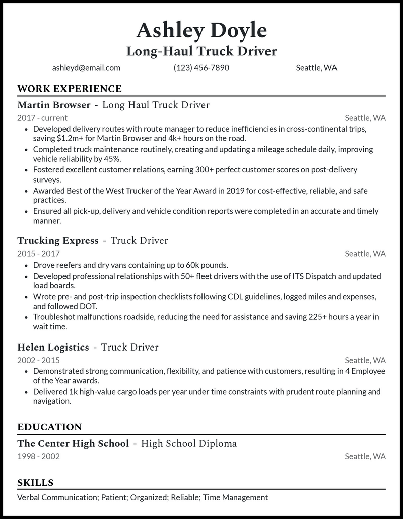 3 Long Haul Truck Driver Resume Examples Made For 2026 3 Long Haul Truck Driver Resume Examples Made For 2026