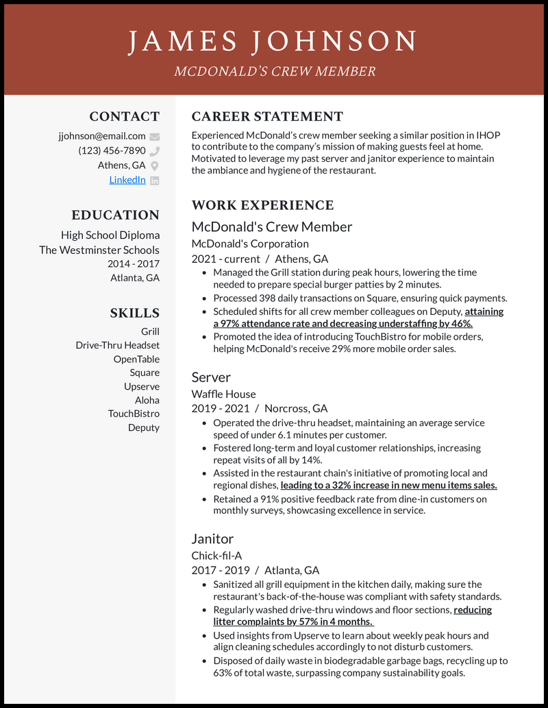 3 McDonald's Resume Examples to Get the Job in 2026