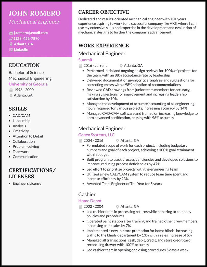 11 Mechanical Engineer Resume Examples Built for 2024