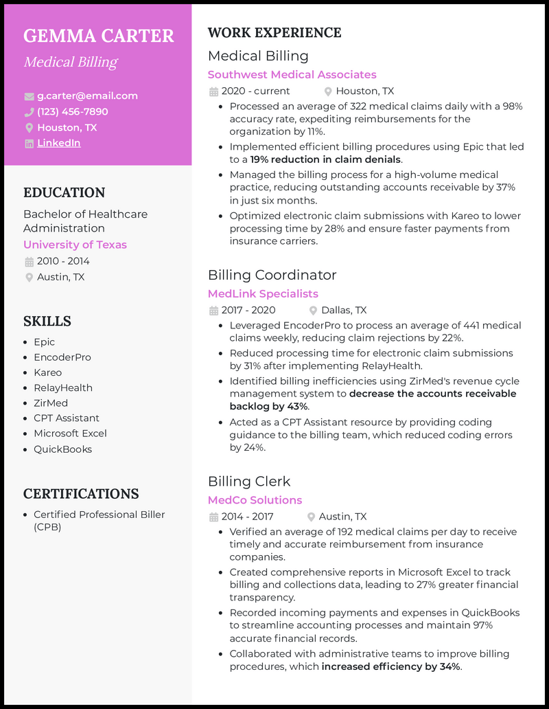 7 Medical Billing Resume Examples Built for 2024