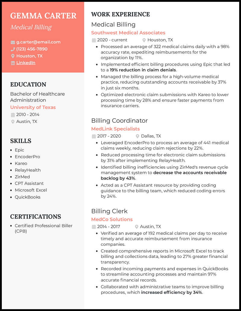 7 Medical Billing Resume Examples Built for 2024