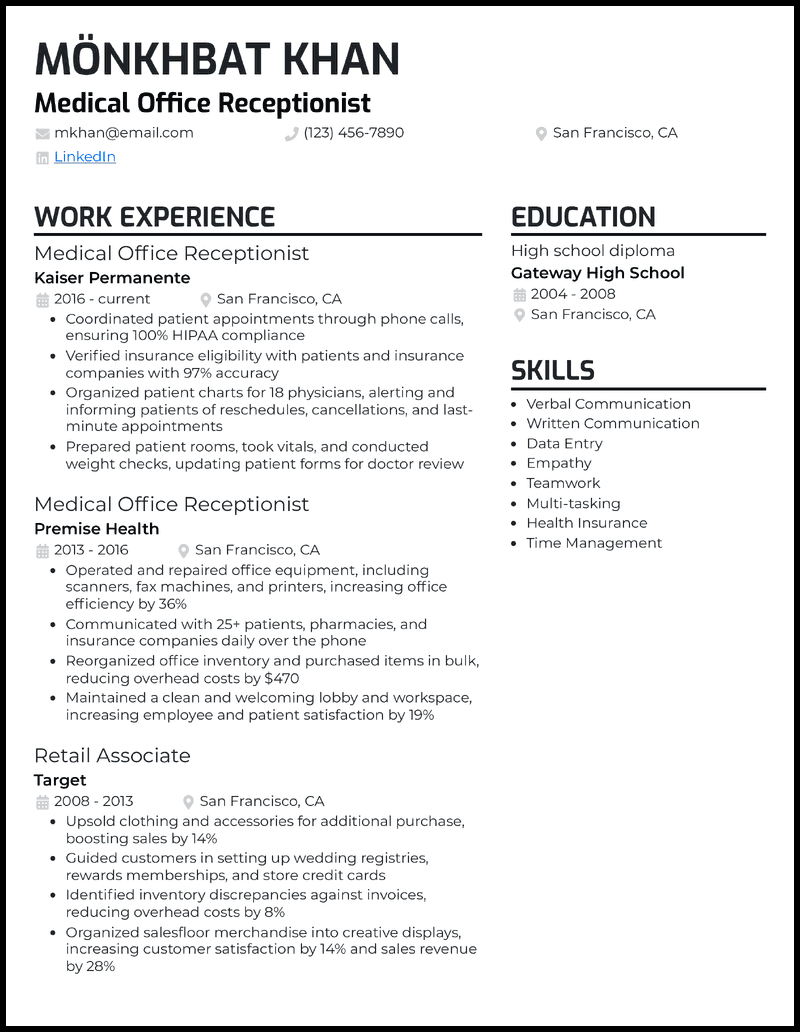 7 Medical Receptionist Resume Examples [& Templates]