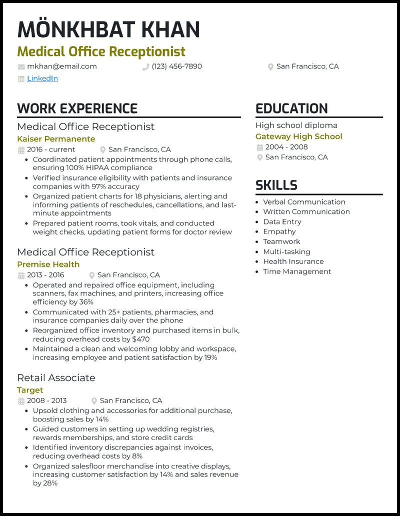 7 Medical Receptionist Resume Examples [& Templates]