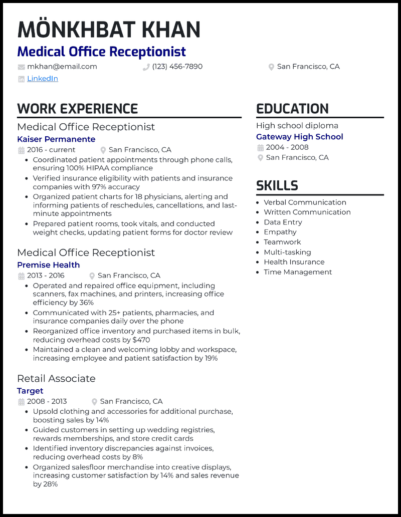 7 Medical Receptionist Resume Examples [& Templates]