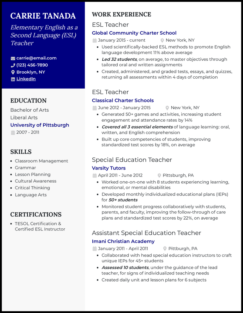 3 ESL Teacher Resume Examples BuiltFor The Job in 2024