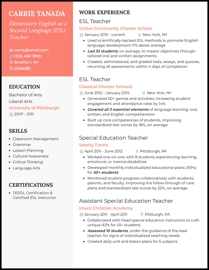 3 ESL Teacher Resume Examples BuiltFor The Job in 2024