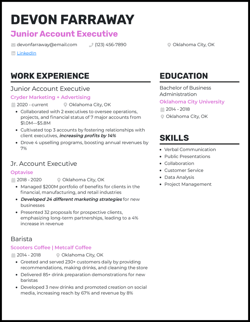 3 Junior Account Executive Resume Examples Made in 2025
