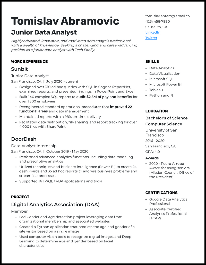 5 Junior Data Analyst Resume Examples for 2024