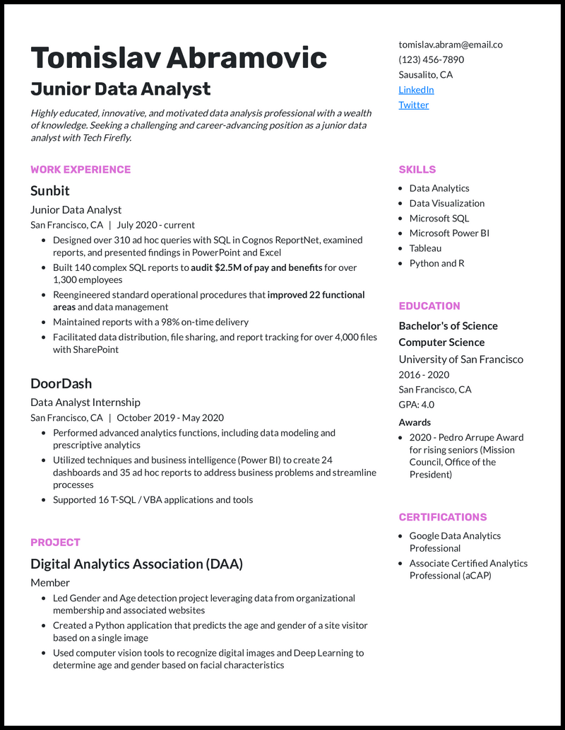 5 Junior Data Analyst Resume Examples for 2024