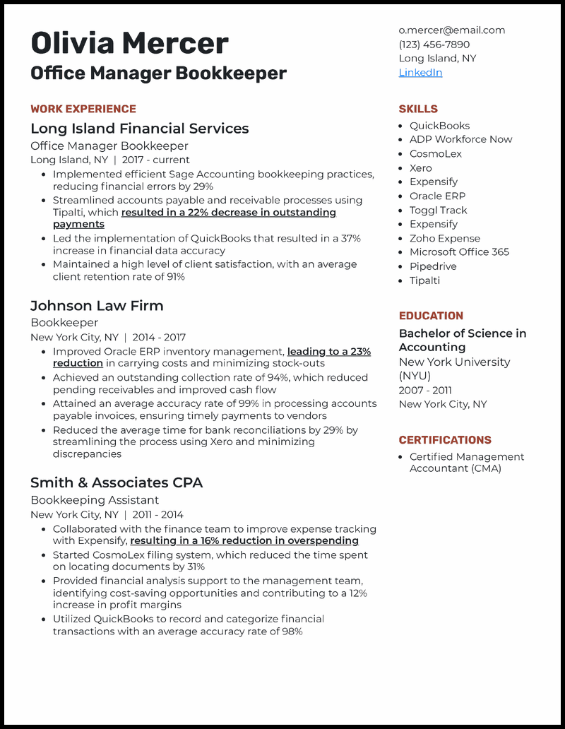 11 Bookkeeper Resume Examples [& Templates]