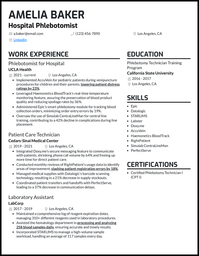 19 Phlebotomist Resume Examples [& Templates]