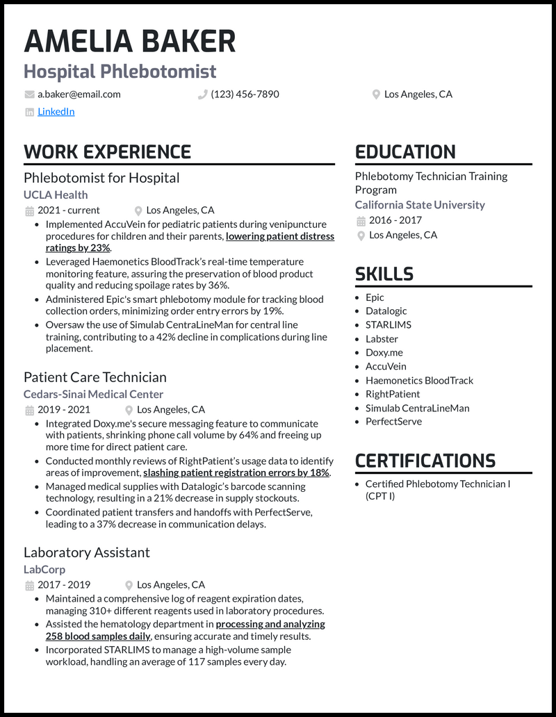 19 Phlebotomist Resume Examples [& Templates]