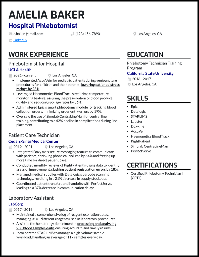 19 Phlebotomist Resume Examples [& Templates]