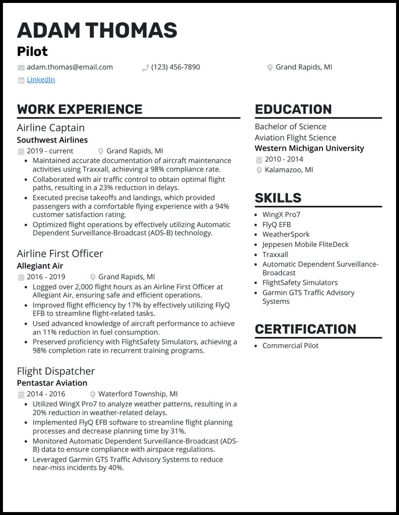 5 Pilot Resume Examples Ready for Takeoff in 2024