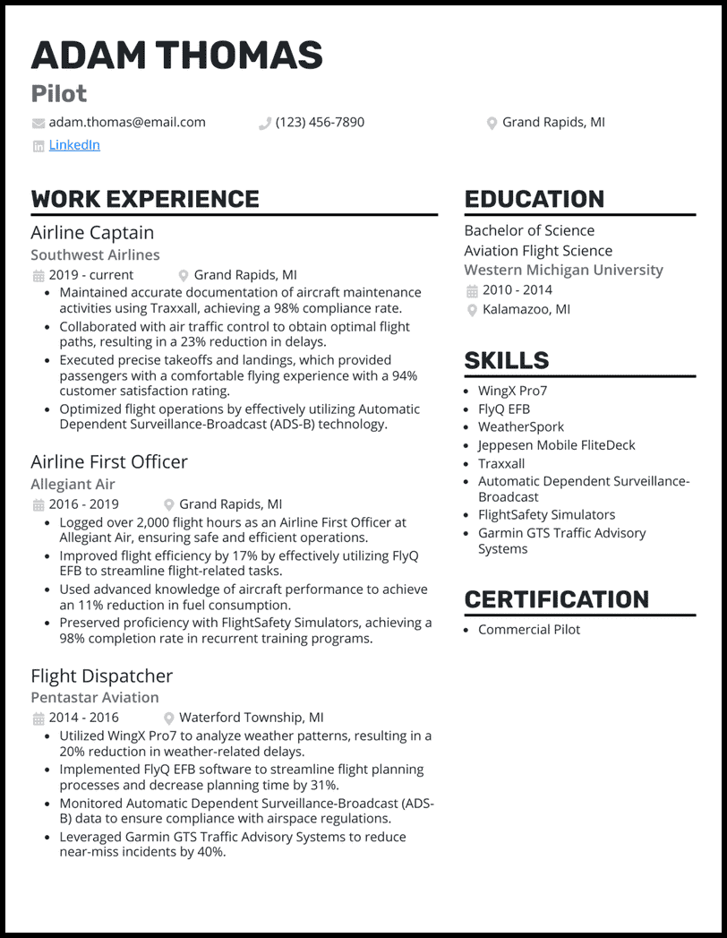5 Pilot Resume Examples Ready for Takeoff in 2024