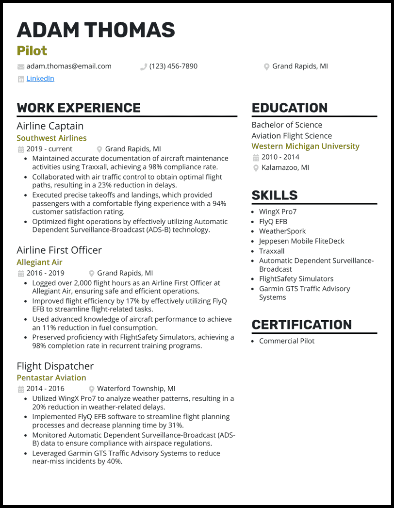 5 Pilot Resume Examples Ready for Takeoff in 2024