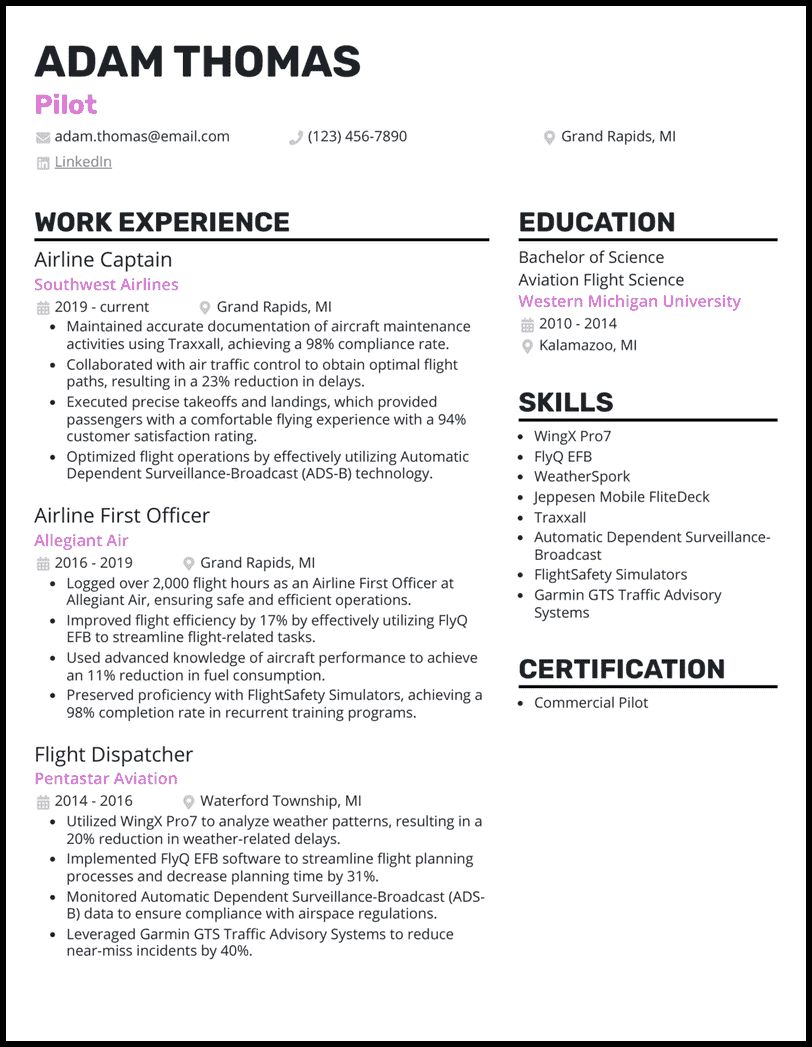 5 Pilot Resume Examples Ready for Takeoff in 2024