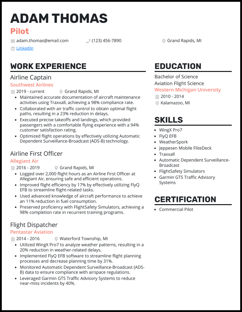5 Pilot Resume Examples Ready for Takeoff in 2024