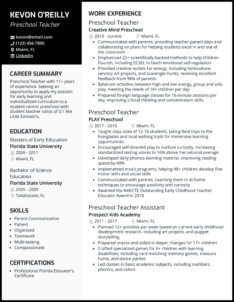 7 Preschool Teacher Resume Examples [& Templates]
