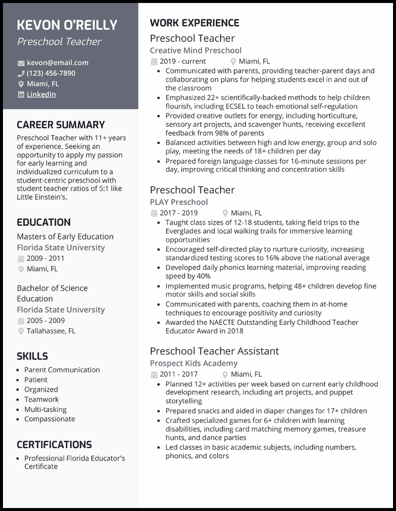 7 Preschool Teacher Resume Examples [& Templates]