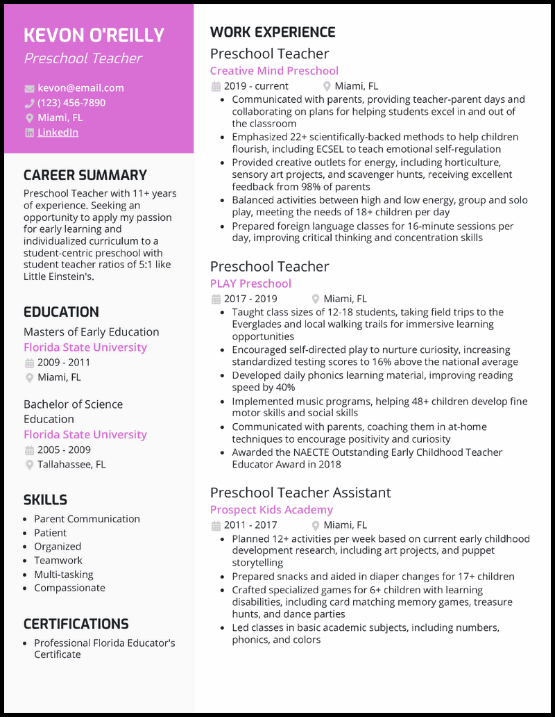7 Preschool Teacher Resume Examples [& Templates]