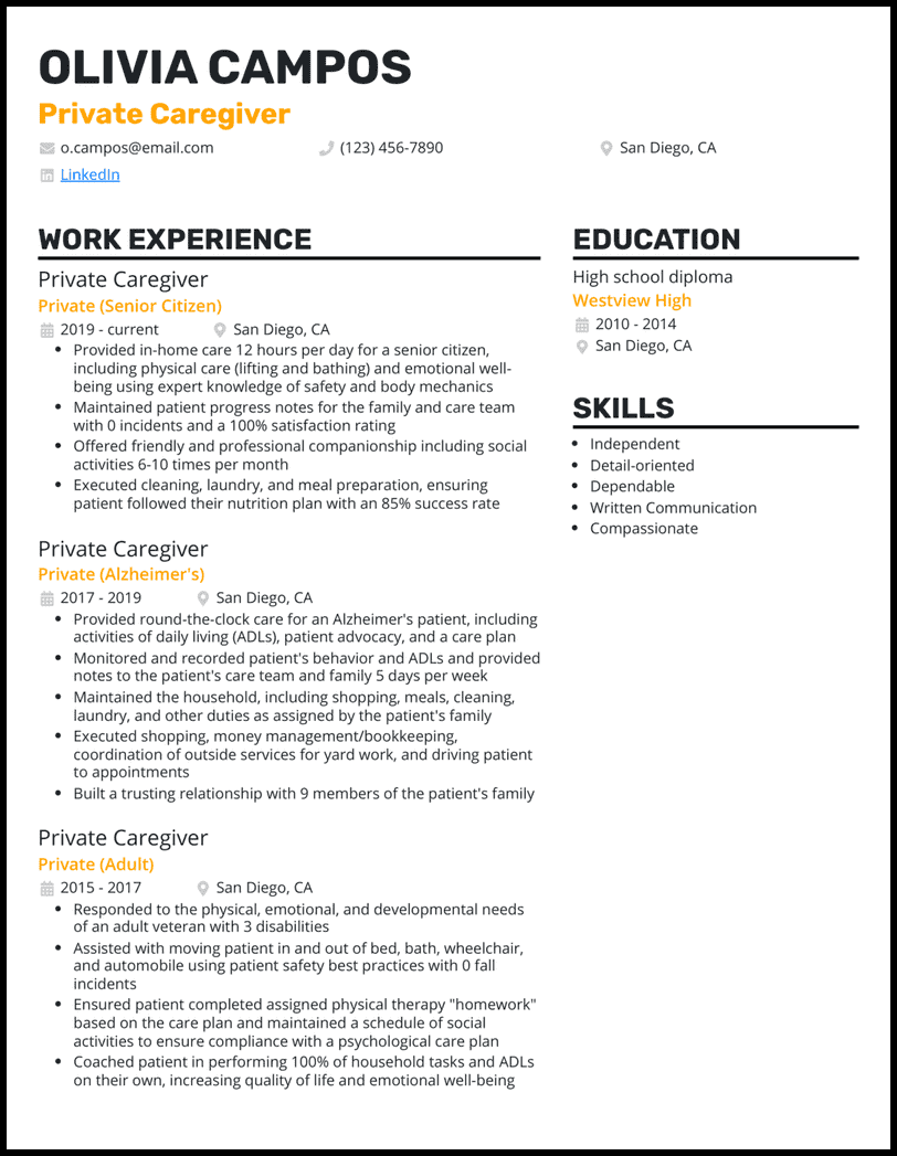 11 Caregiver Resume Examples Proven to Work in 2025