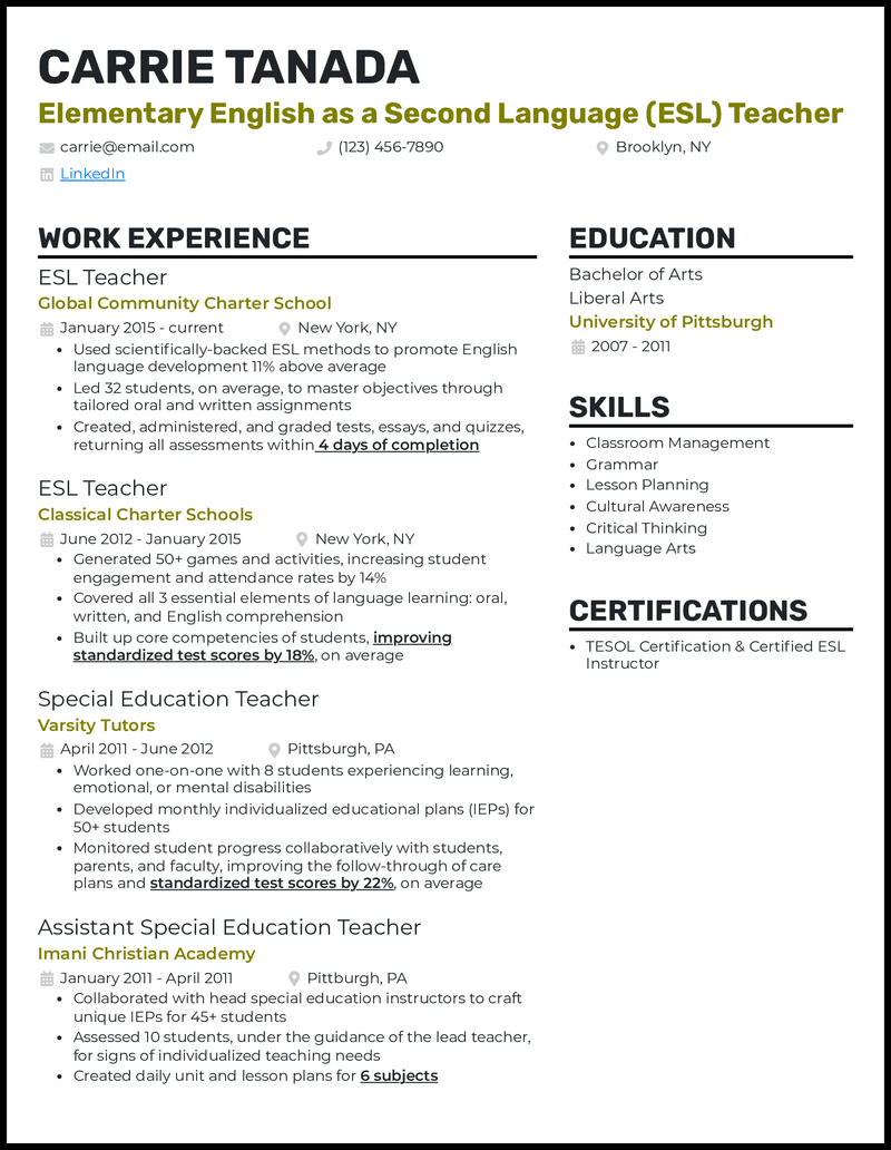 3 ESL Teacher Resume Examples BuiltFor The Job in 2024