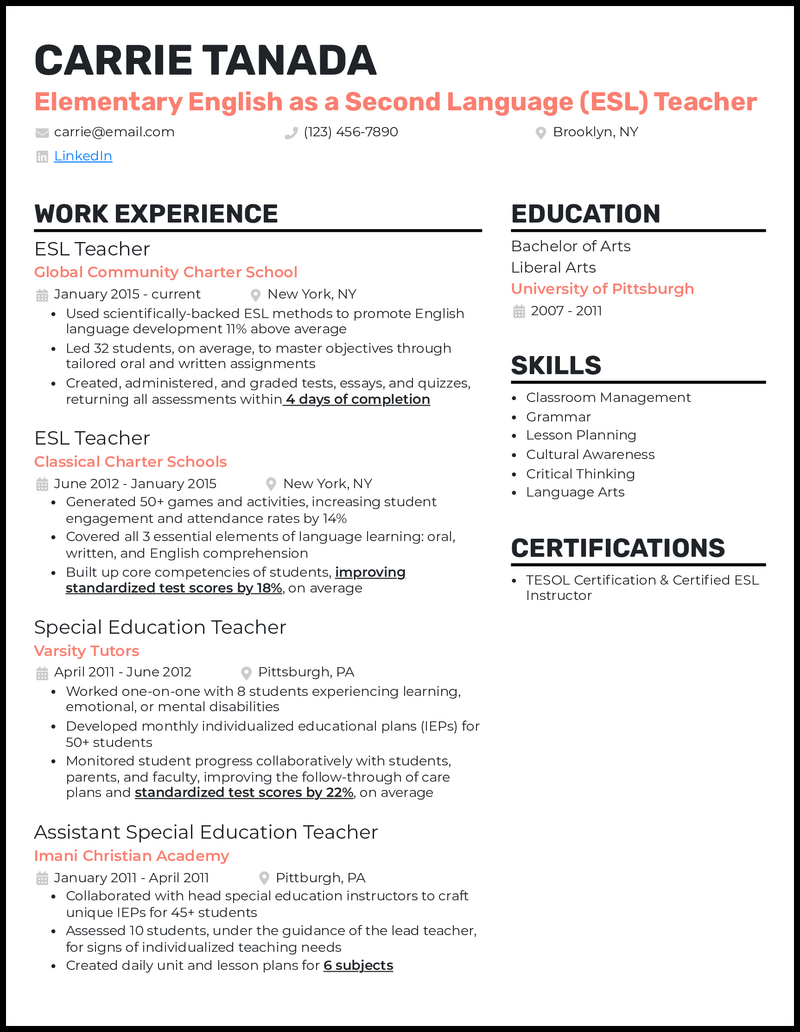 3 ESL Teacher Resume Examples BuiltFor The Job in 2024