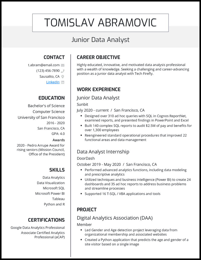5 Junior Data Analyst Resume Examples for 2024