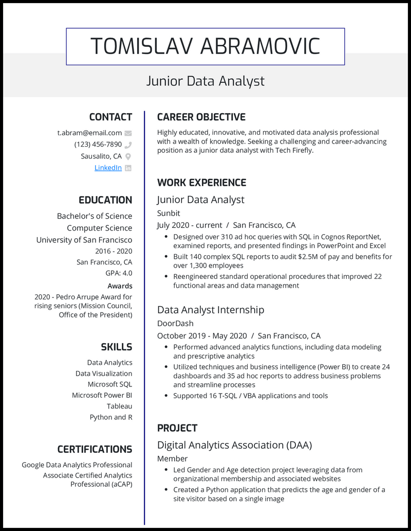 5 Junior Data Analyst Resume Examples for 2024